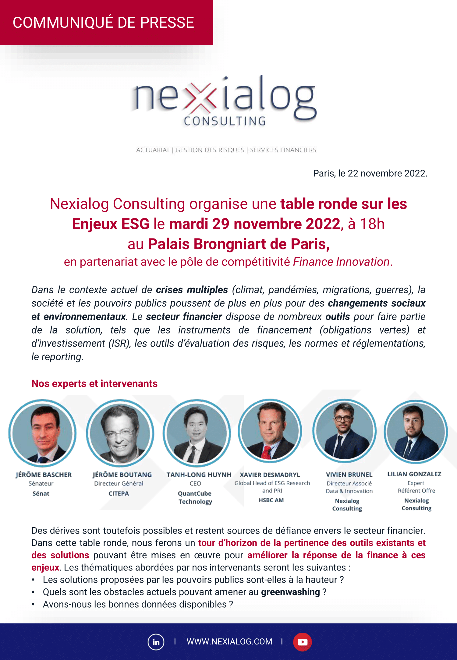 Communiqué de presse | Table Ronde - Enjeux ESG | 29/11 - Nexialog